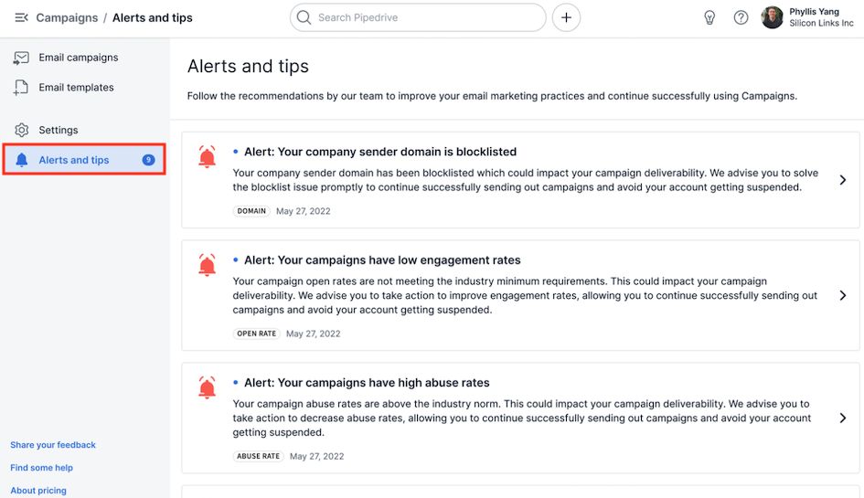 Campaigns: alerts and tips - Knowledge Base | Pipedrive